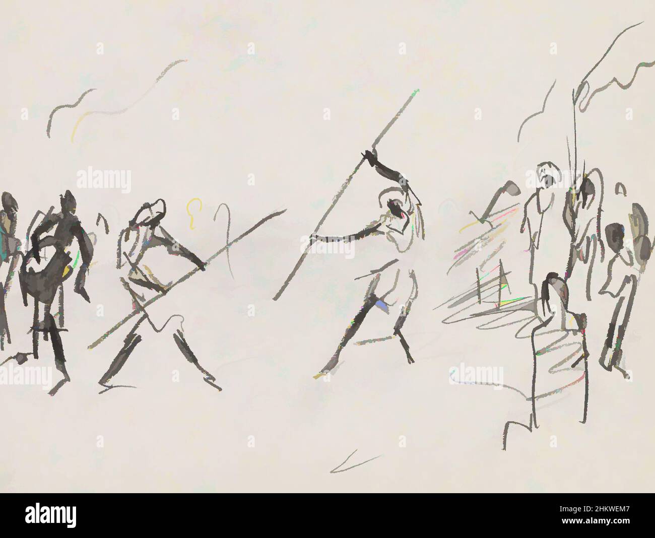 Art inspired by Two figures fighting with sticks while a group of ...