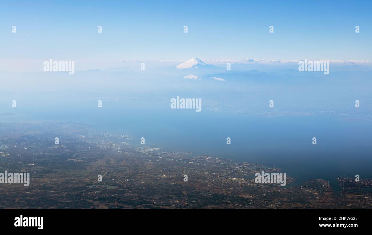 Aerial view of Mount Fuji volcano with a snow cap in Japan. Beautiful ...