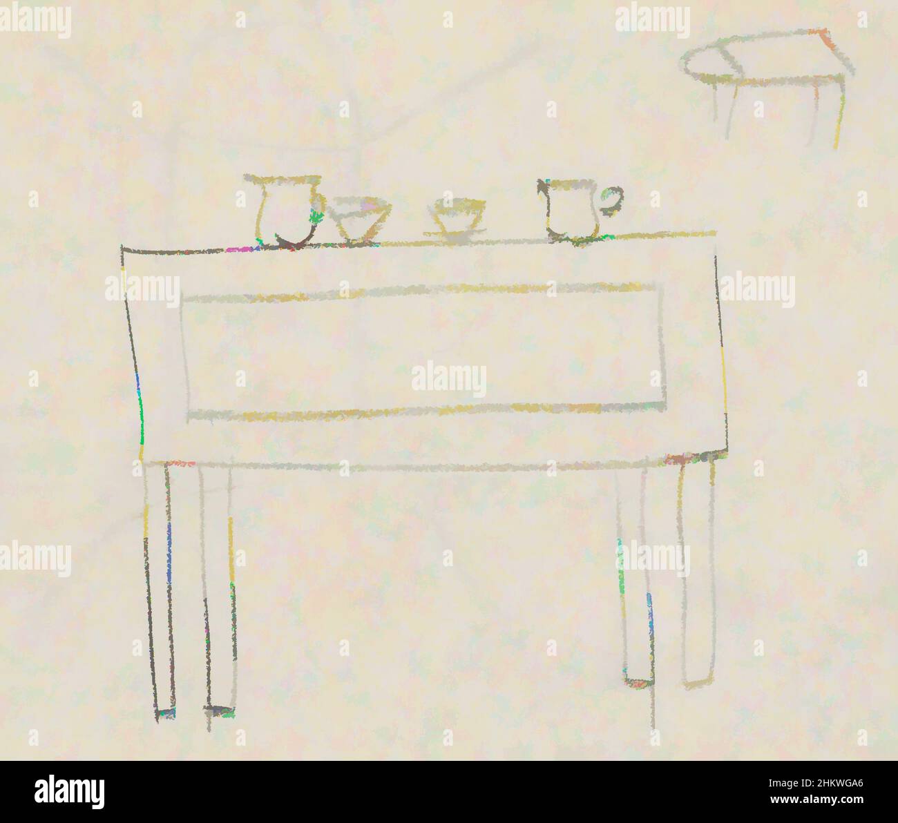 Art inspired by study of an object with four legs, a table. jugs and ...