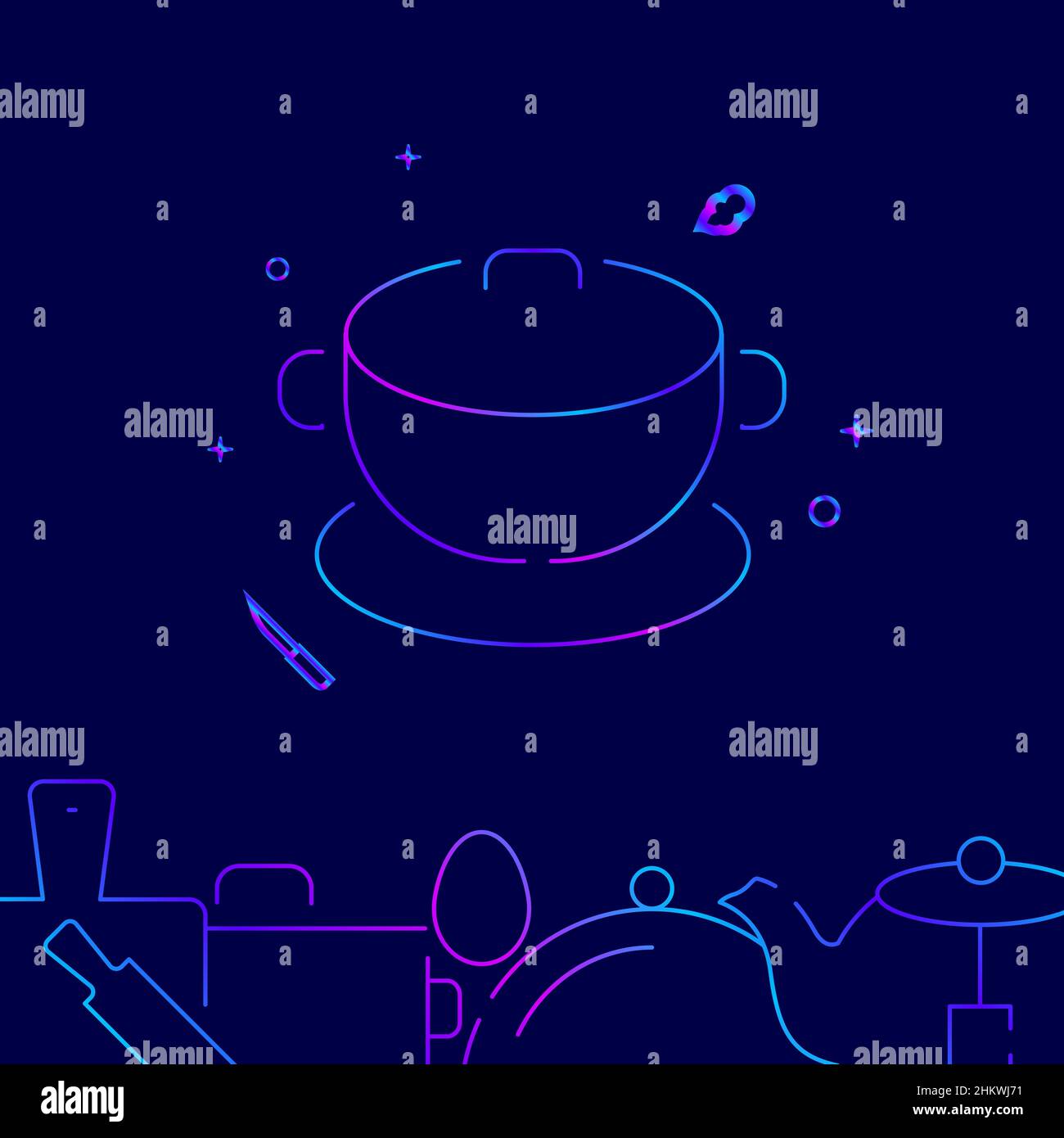 Cauldron on a tray gradient line icon, simple illustration on a dark ...