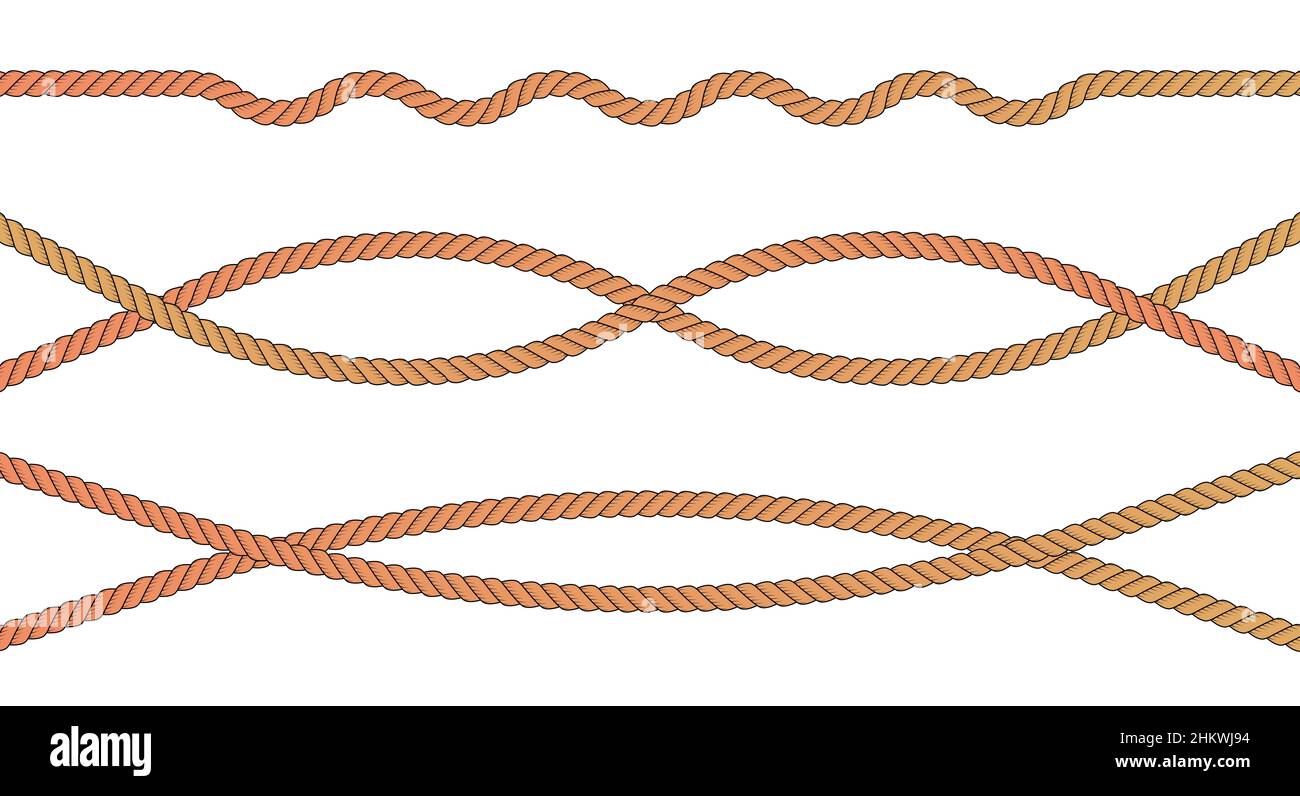 Brown twisted and curved rope set. Realistic jute cords marine navy ...