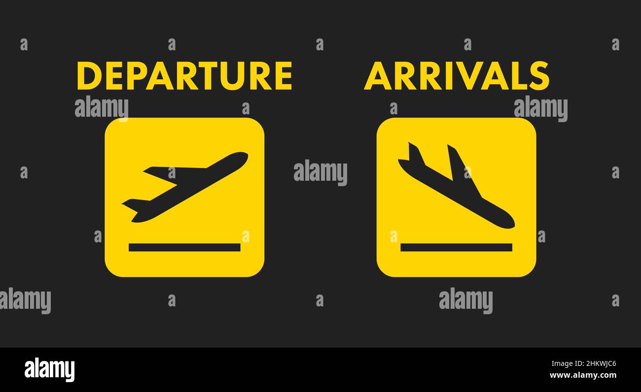 Departure and arrivals yellow signs. Airplane landing and takeoff ...