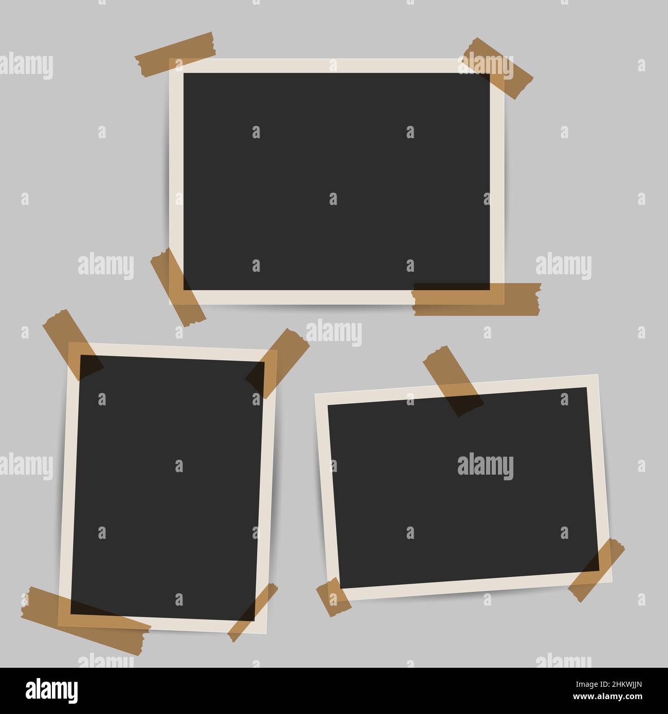 Three old photo frames with tape template. Retro 3D snapshots with ...