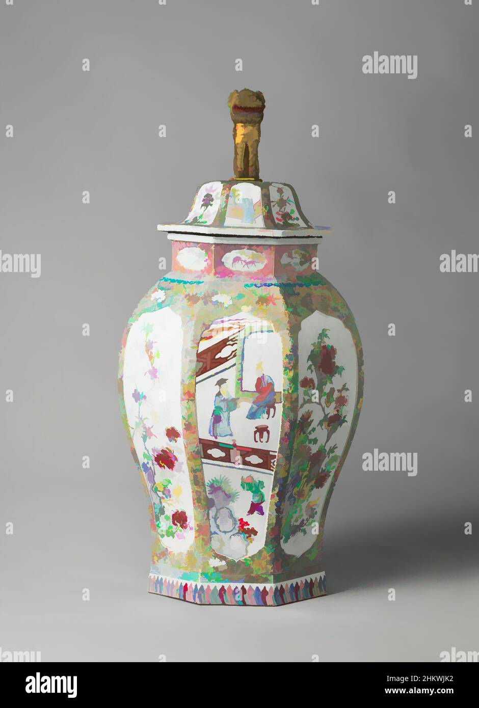 Art inspired by Octagonal cover with flowering plants and figures in a ...