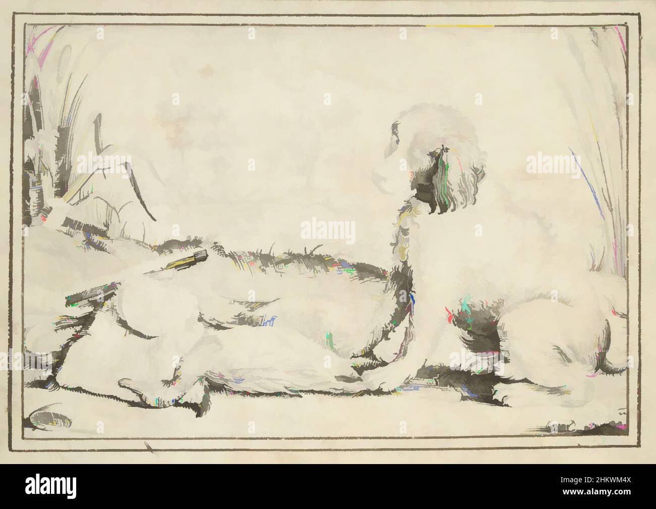 Art inspired by Dog next to hunting equipment and loot in landscape ...