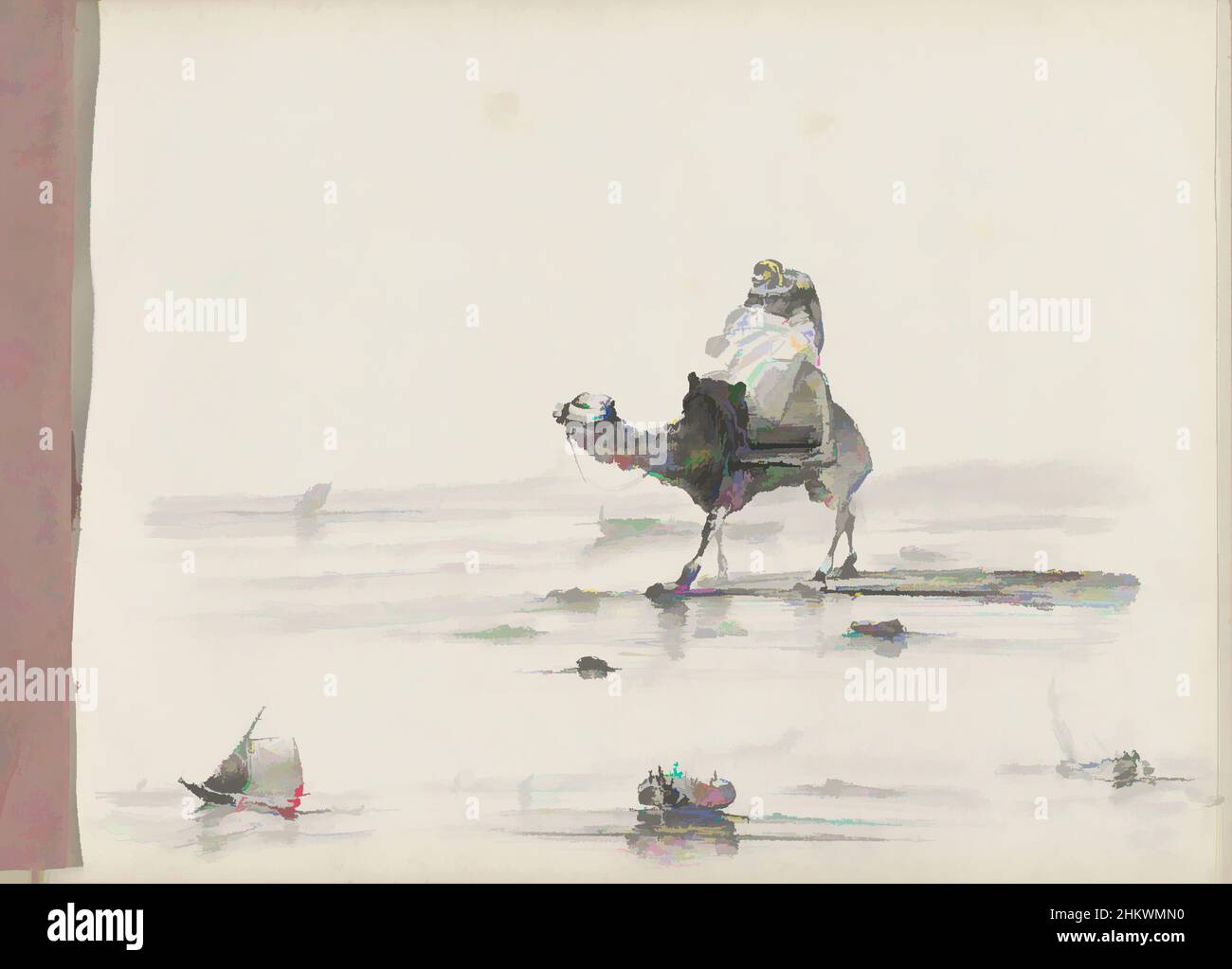 Art inspired by Man riding a camel along a coast, also three studies of ...