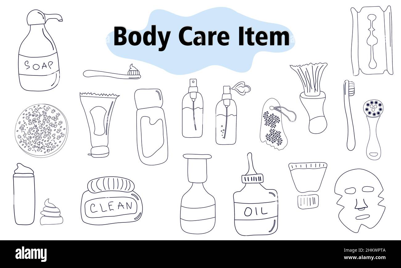 Items and elements for body care. Bathroom supplies, cosmetics, razor ...