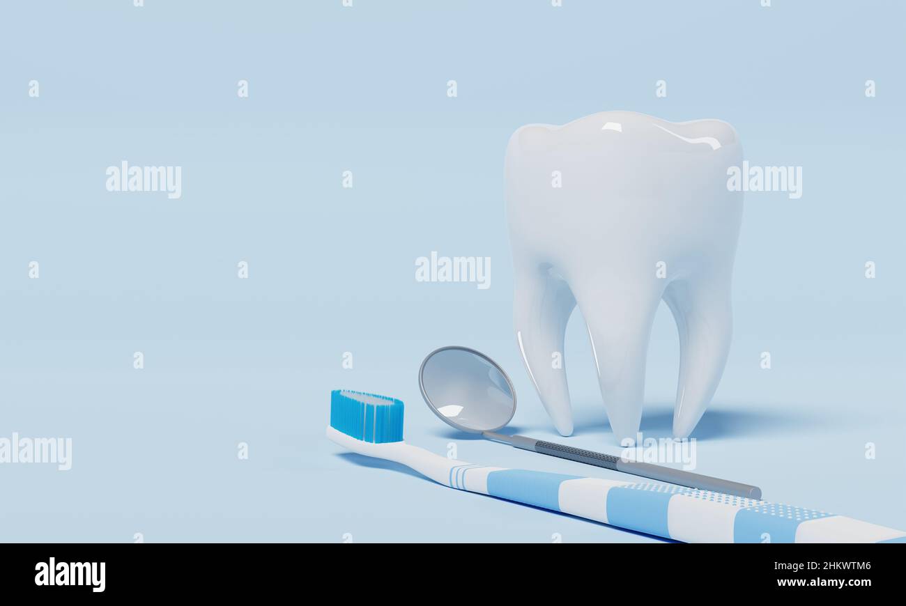 Tooth with dental inspection mirror and toothbrush on blue background ...