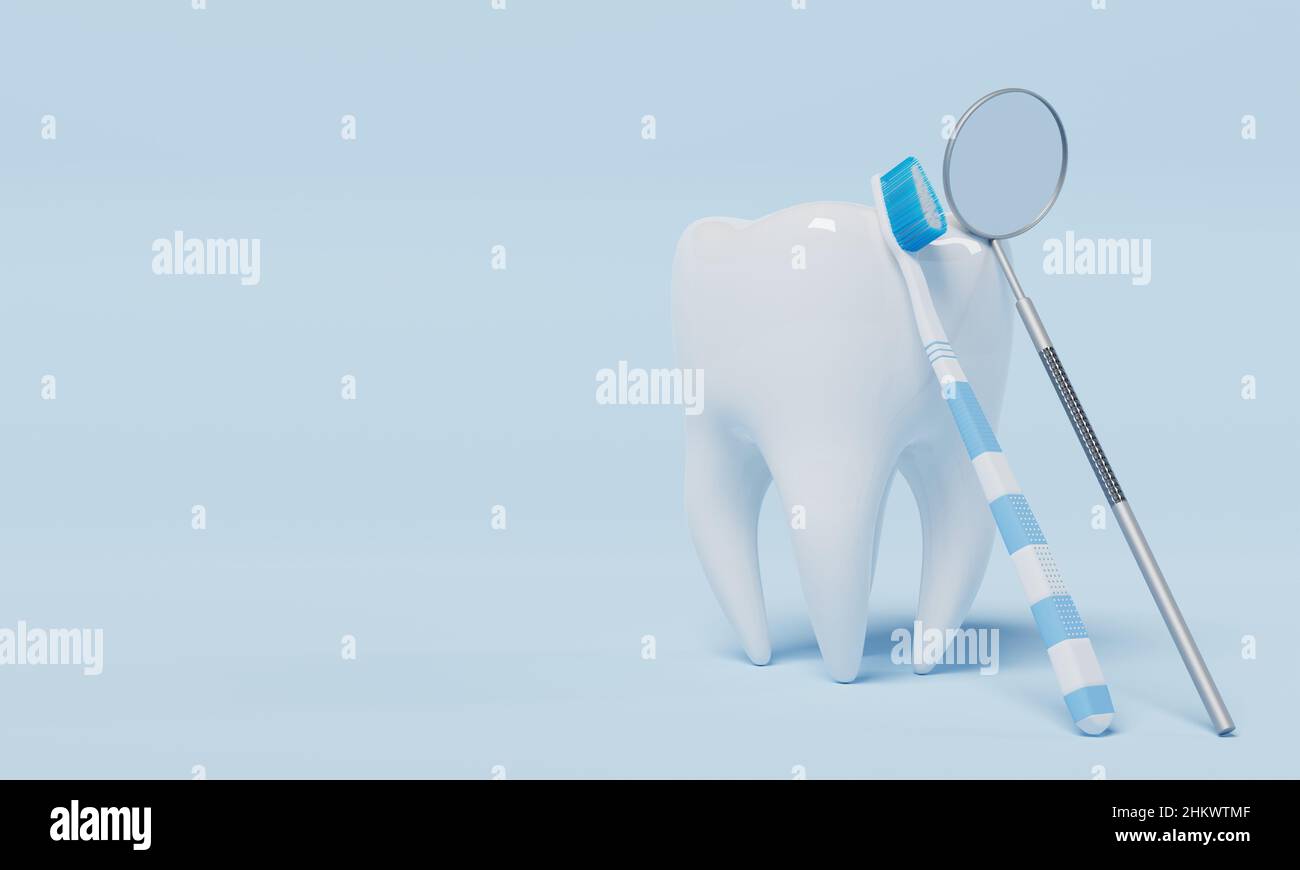 Tooth with dental inspection mirror on blue background. Dental and ...