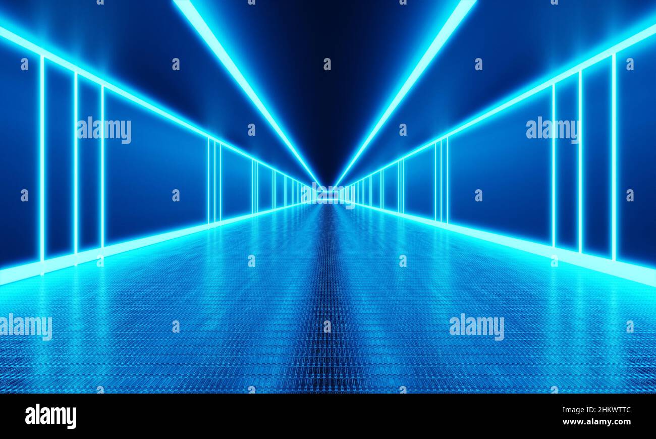 Empty room with infinity walkway and blue neon light background ...