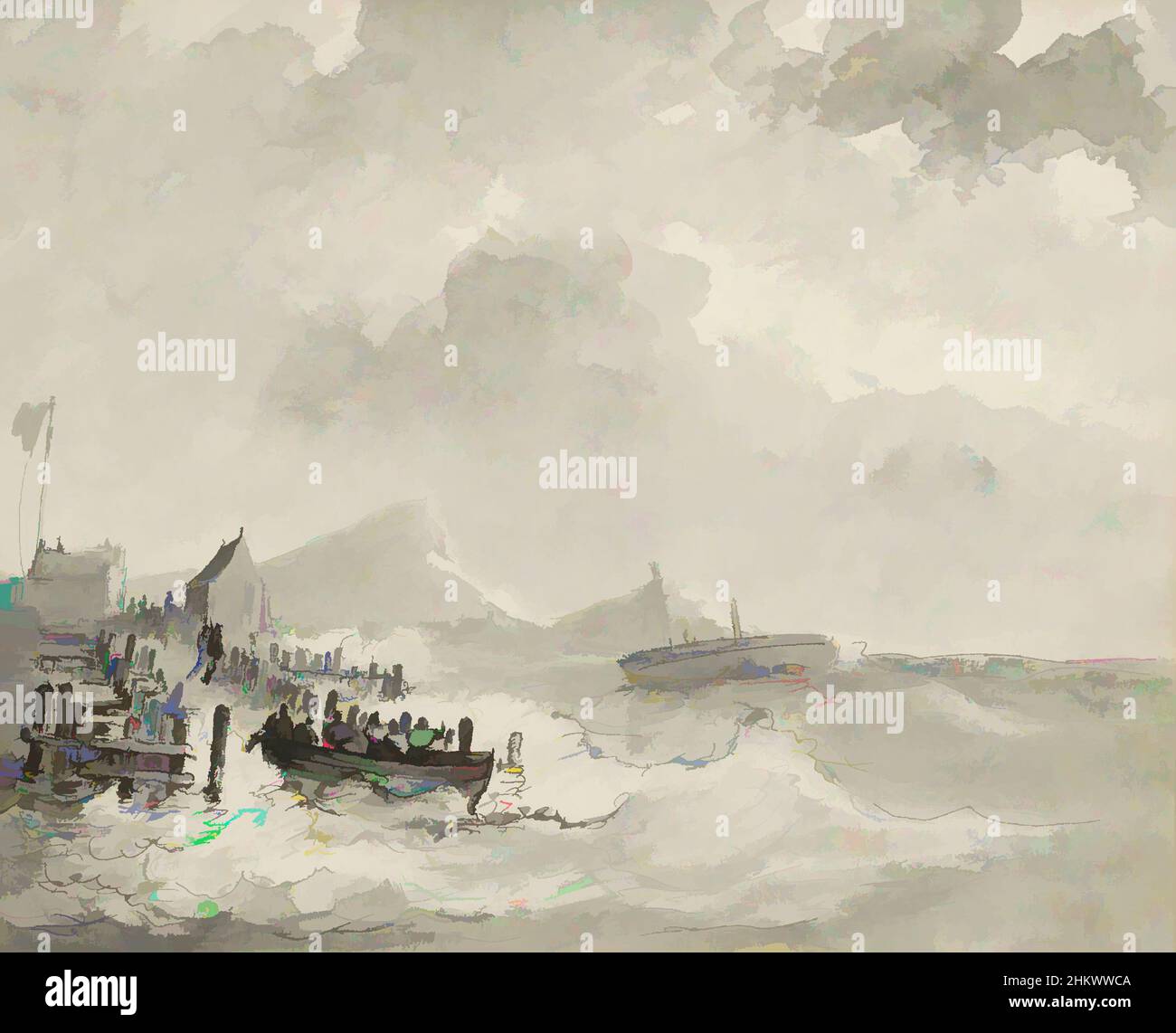 Art inspired by Sloop with figures at a mooring, On a stormy sea, a ...