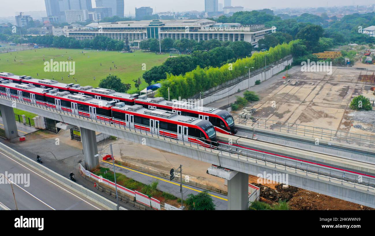 Aerial view of Jakarta LRT train trial run for phase 1 from Pancoran ...