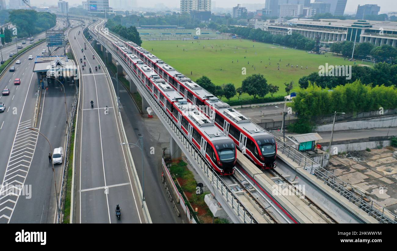 Aerial view of Jakarta LRT train trial run for phase 1 from Pancoran ...