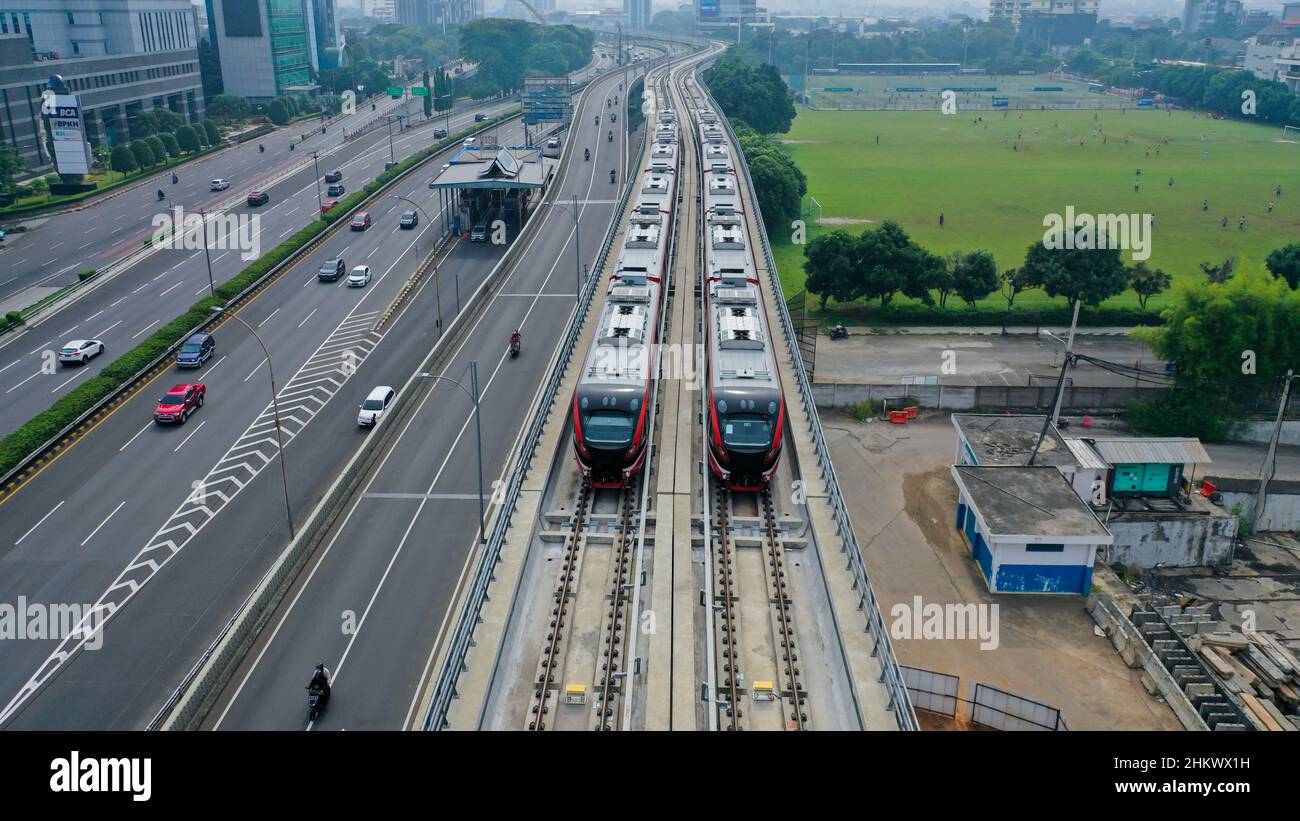 Aerial view of Jakarta LRT train trial run for phase 1 from Pancoran ...