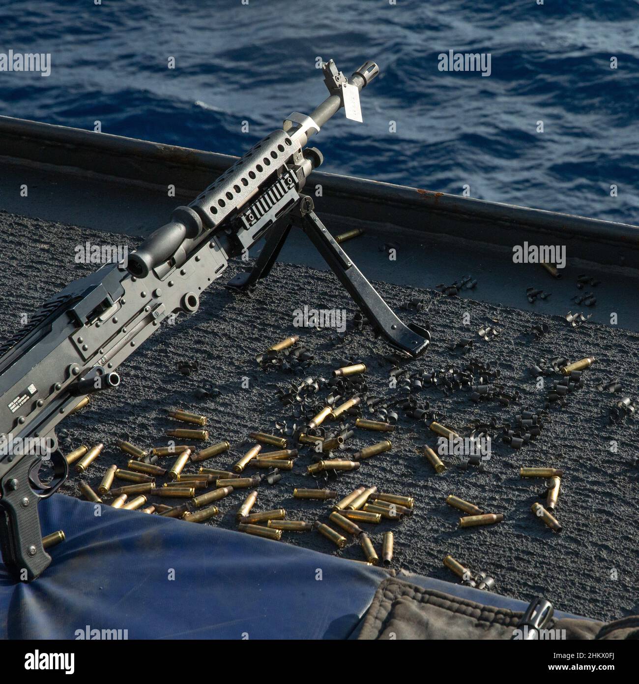 A U.S. Navy M240B machine gun is staged on the weather deck during a ...