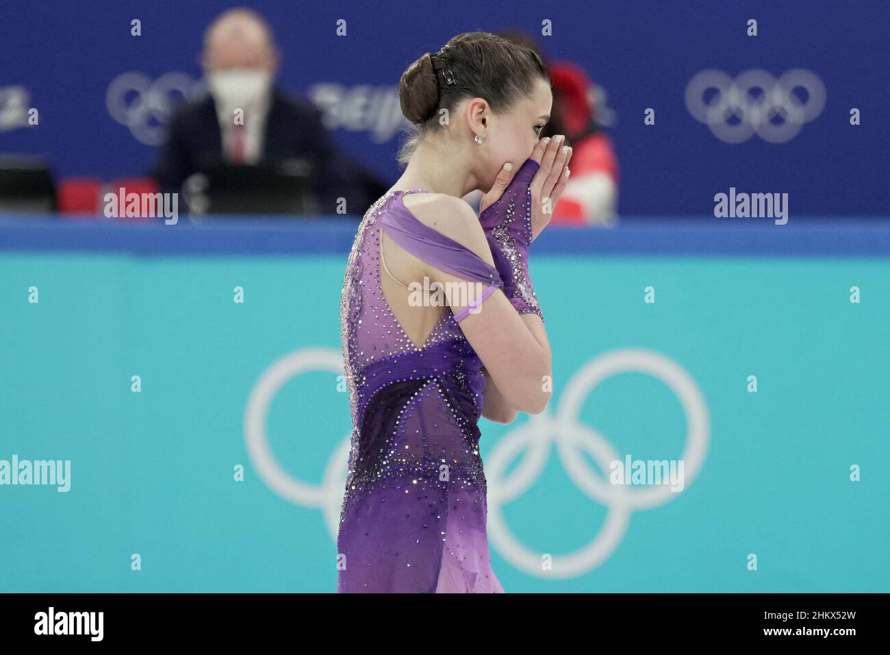 Beijing, China. 05th Feb, 2022. Kamila Valieva of Russia reacts after performing a nearly ...
