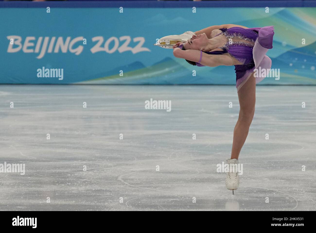Beijing, China. 05th Feb, 2022. Kamila Valieva of Russia performs a spiral during the Women's ...