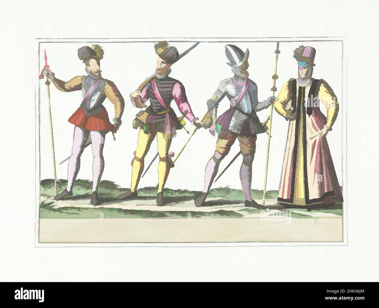 Art inspired by Three Spanish soldiers in uniform and a marketeer, ca ...