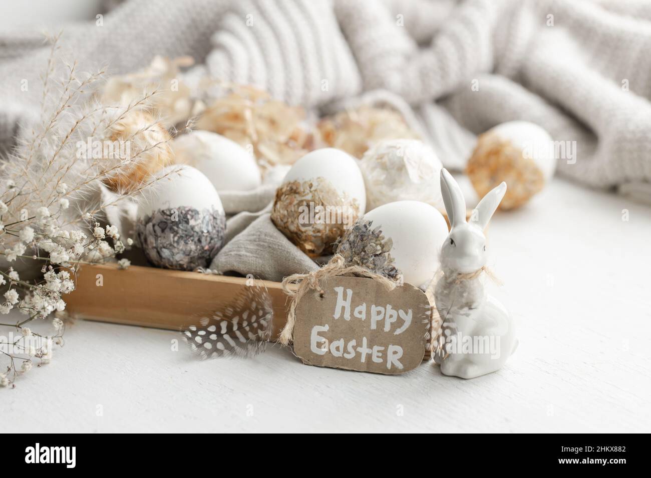 Happy Easter background with pastel-colored decor details Stock Photo ...