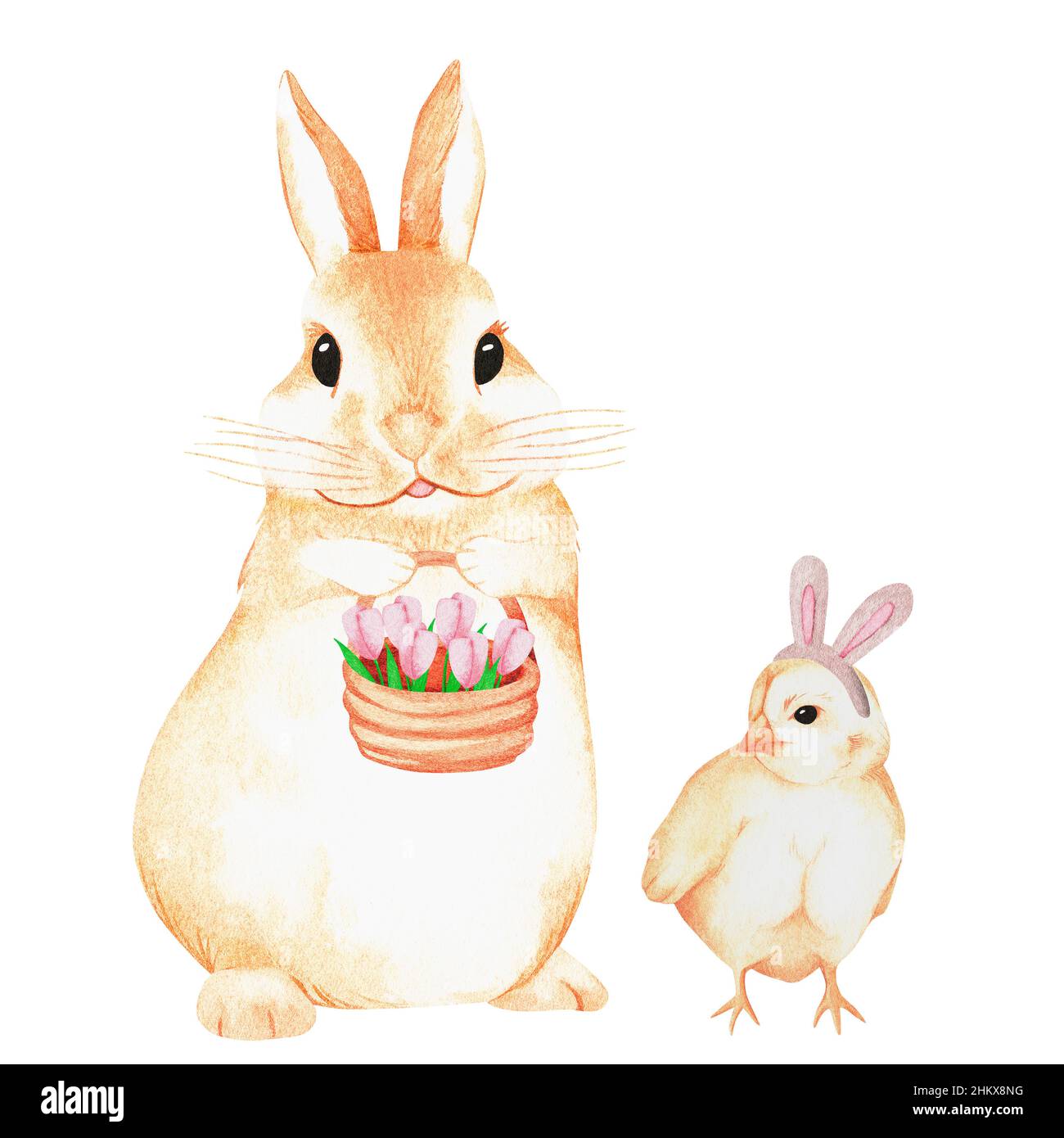 Rabbit with flowers and a chick in a rabbit costume. Easter funny ...