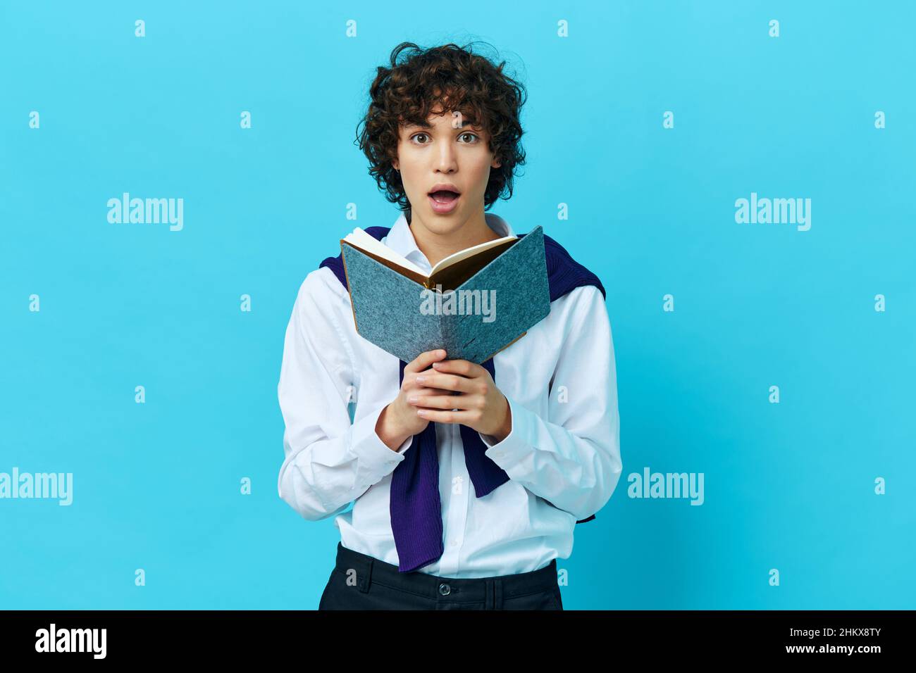 man education with notepad hand gesture isolated backgrounds Stock ...