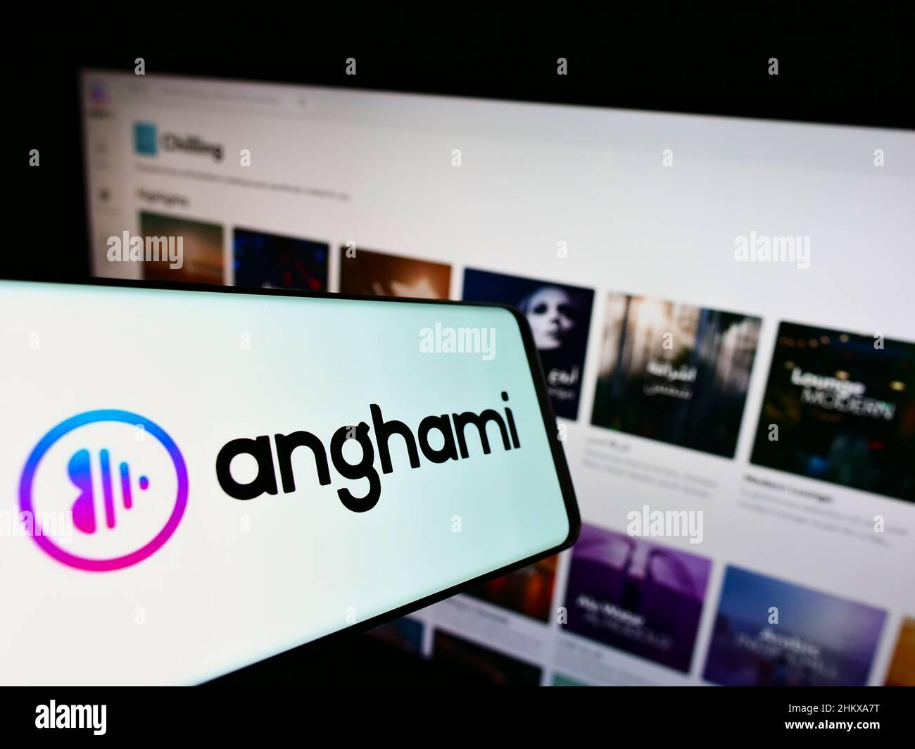Smartphone with logo of Arabian music streaming platform Anghami on ...