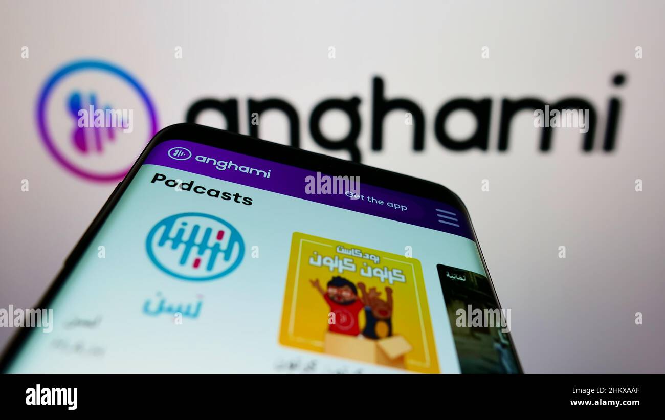 Mobile phone with webpage of Arabian music streaming platform Anghami ...
