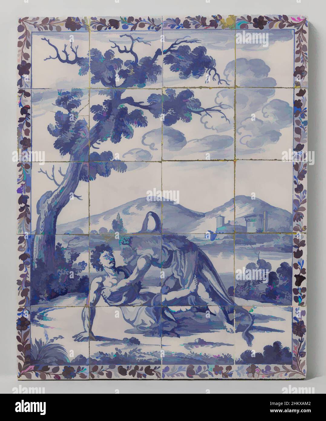 Art inspired by Tile tableau with a landscape in blue with mythological ...