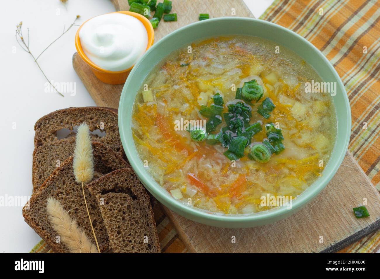 Traditional soup of Russia Shchi with green onion served with sour ...