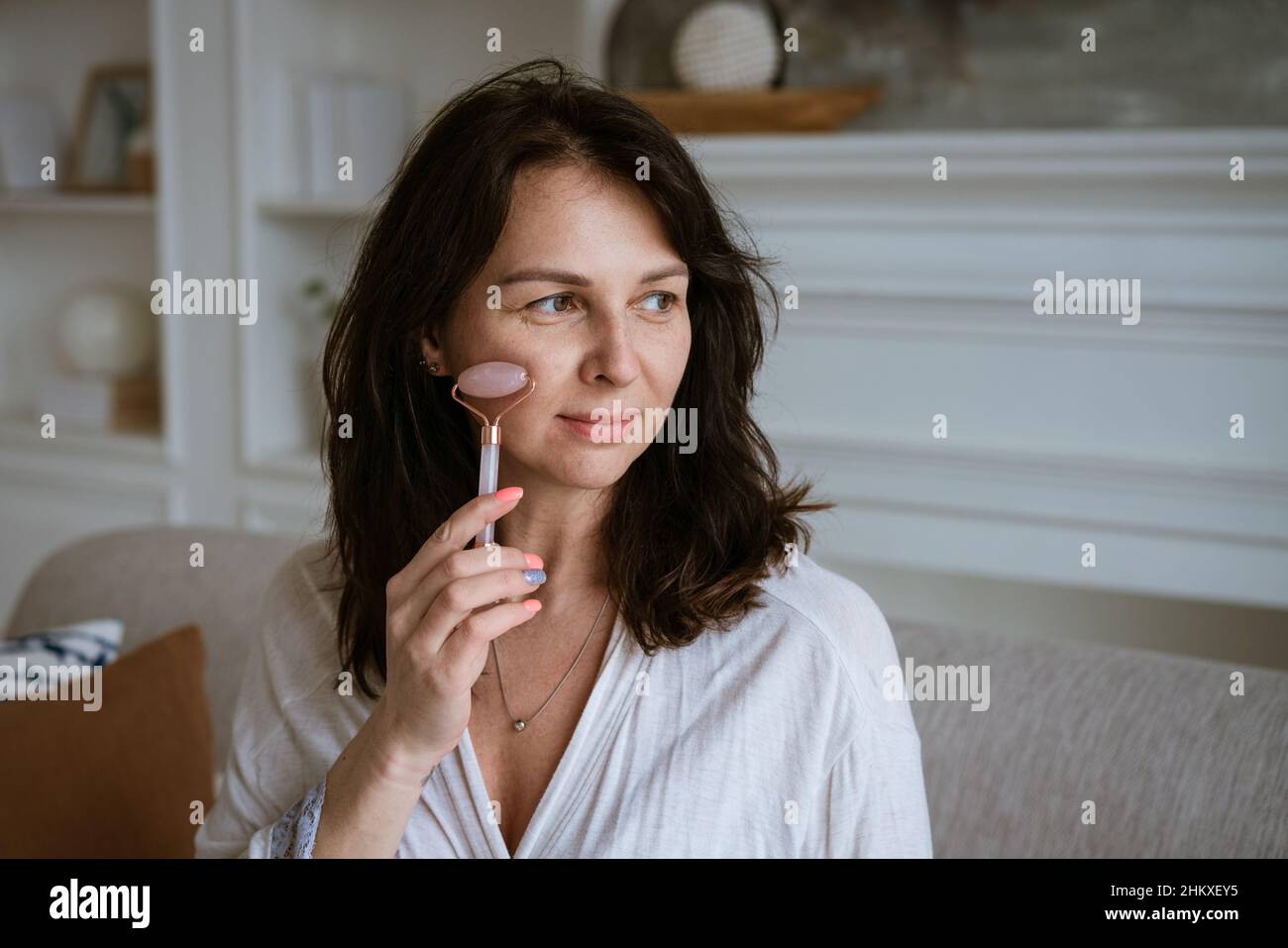 Brunette smiling woman 35 years old plus clean fresh face and hands ...