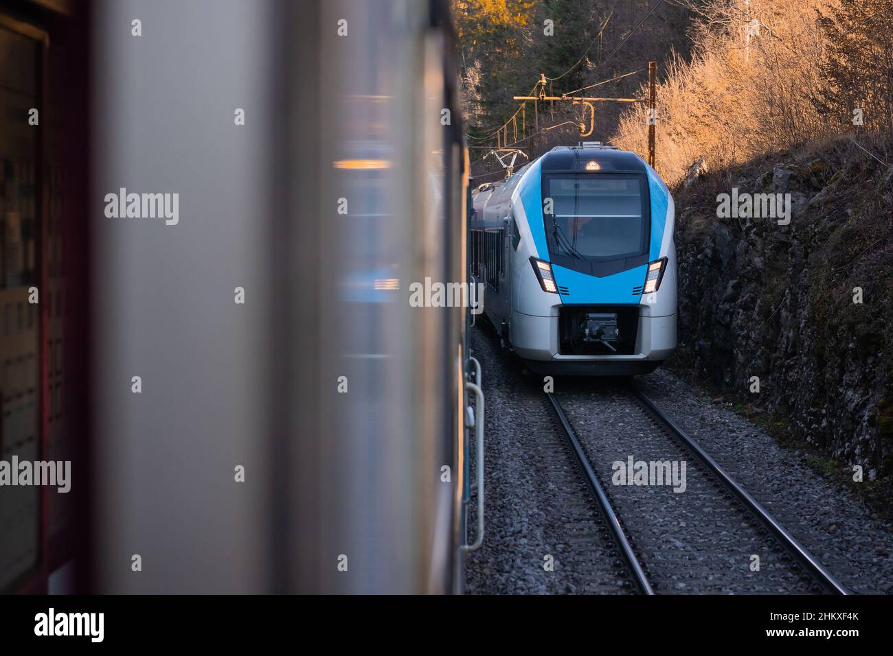 Modern blue and white passenger train coming towards another train on ...