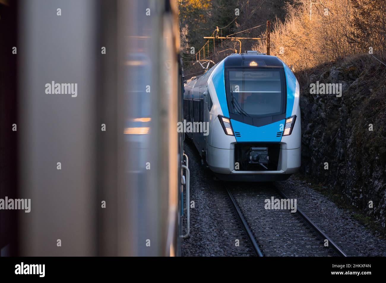 Modern blue and white passenger train coming towards another train on ...