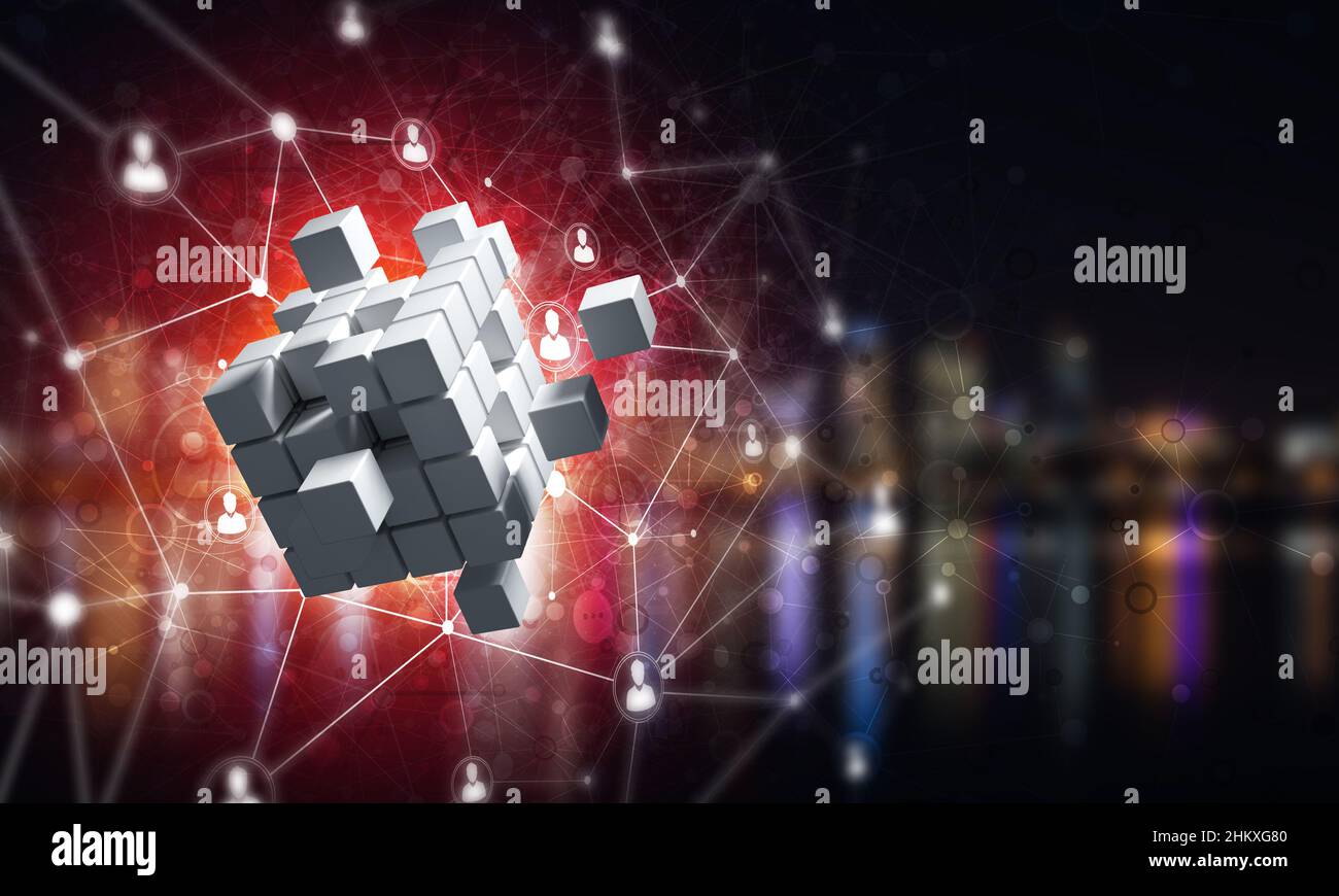 Concept of Internet and networking with digital cube figure on dark ...