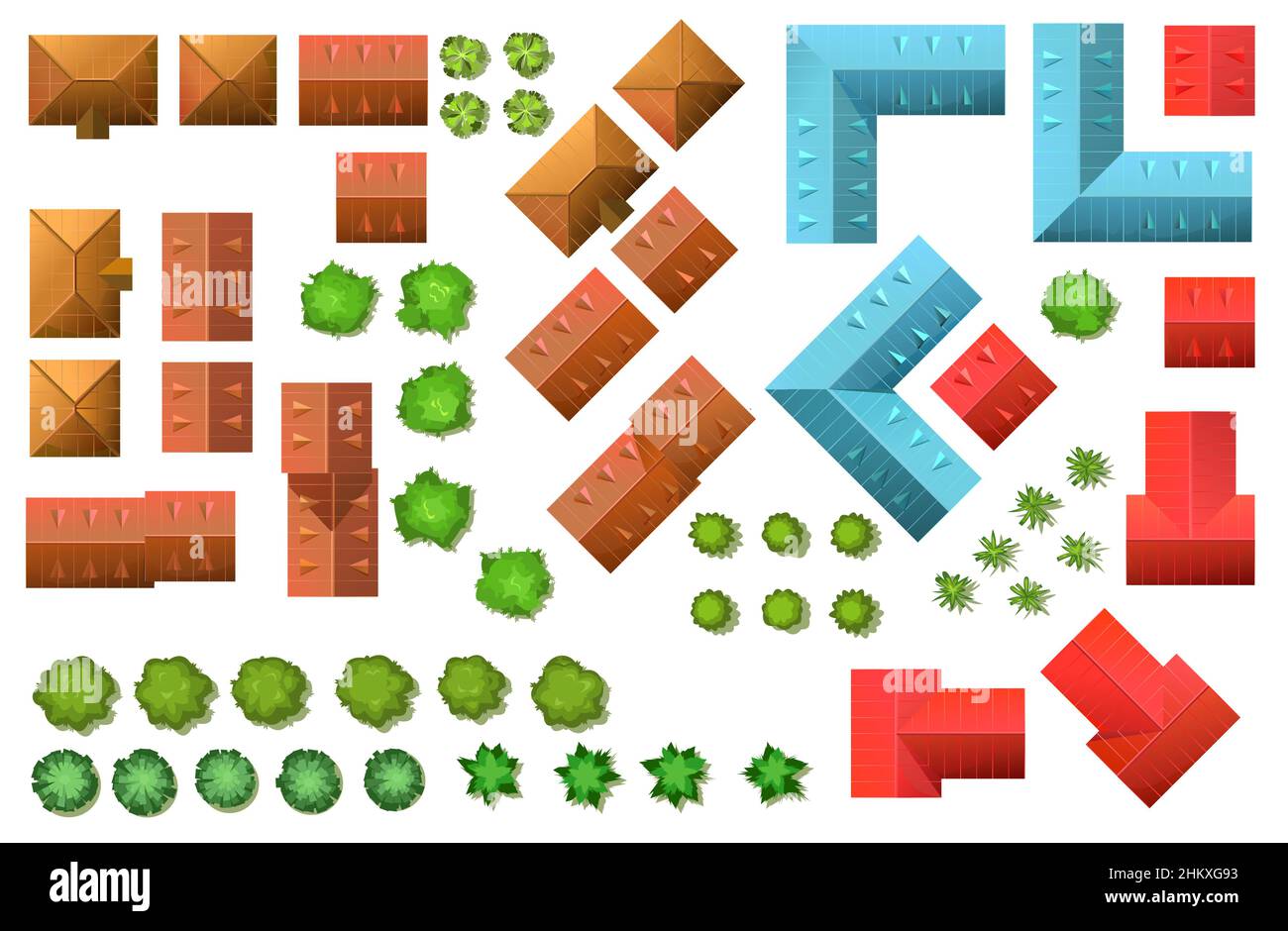 City houses set. Top View from above. Small town house and trees ...