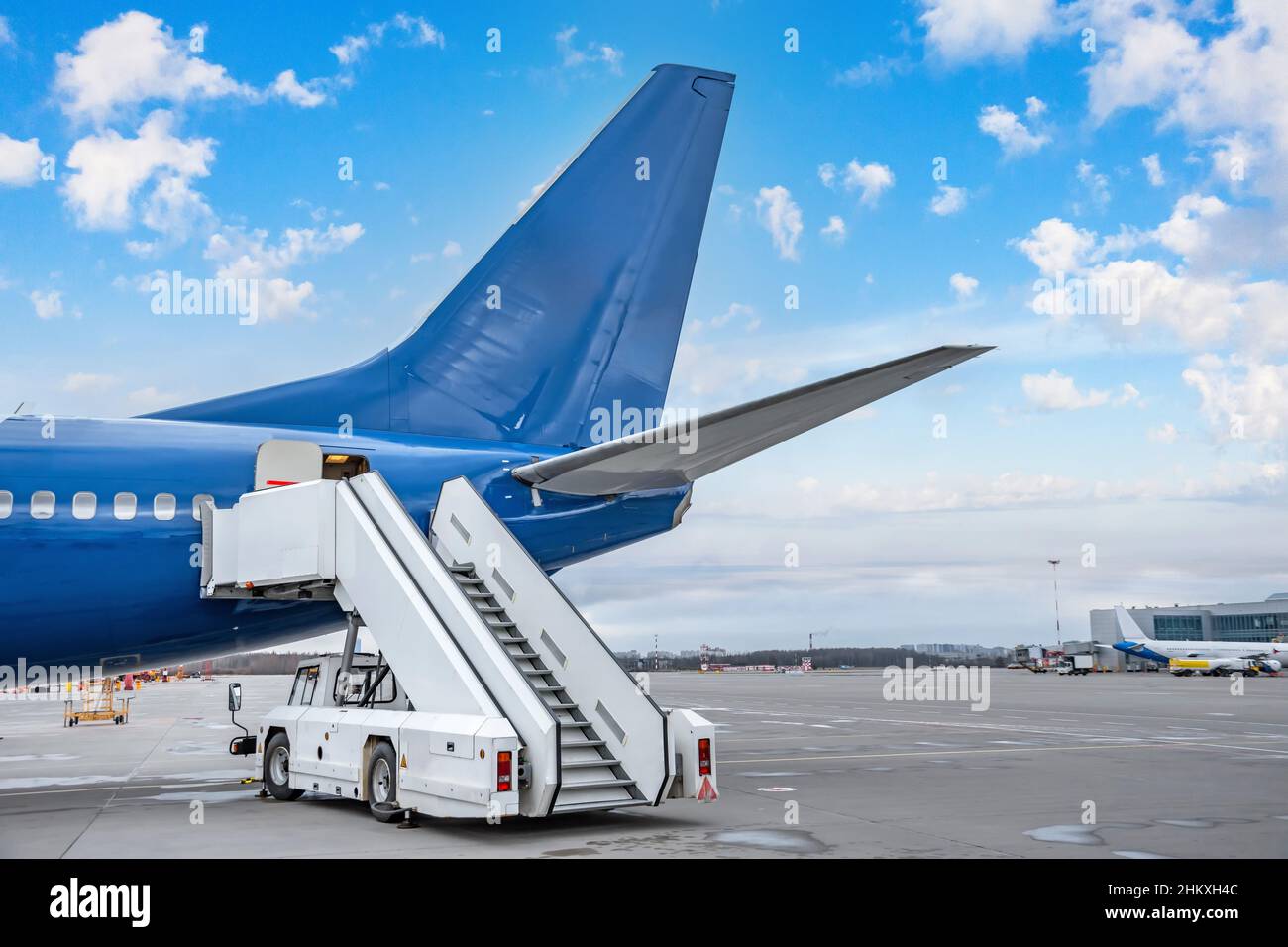 Ladder ladder at the rear entrance of a passenger aircraft, view of the ...