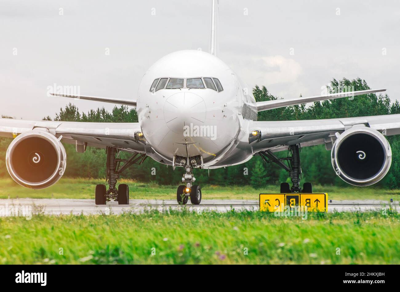 Airplane nose cockpit view airplane taxiing at the airport Stock Photo ...