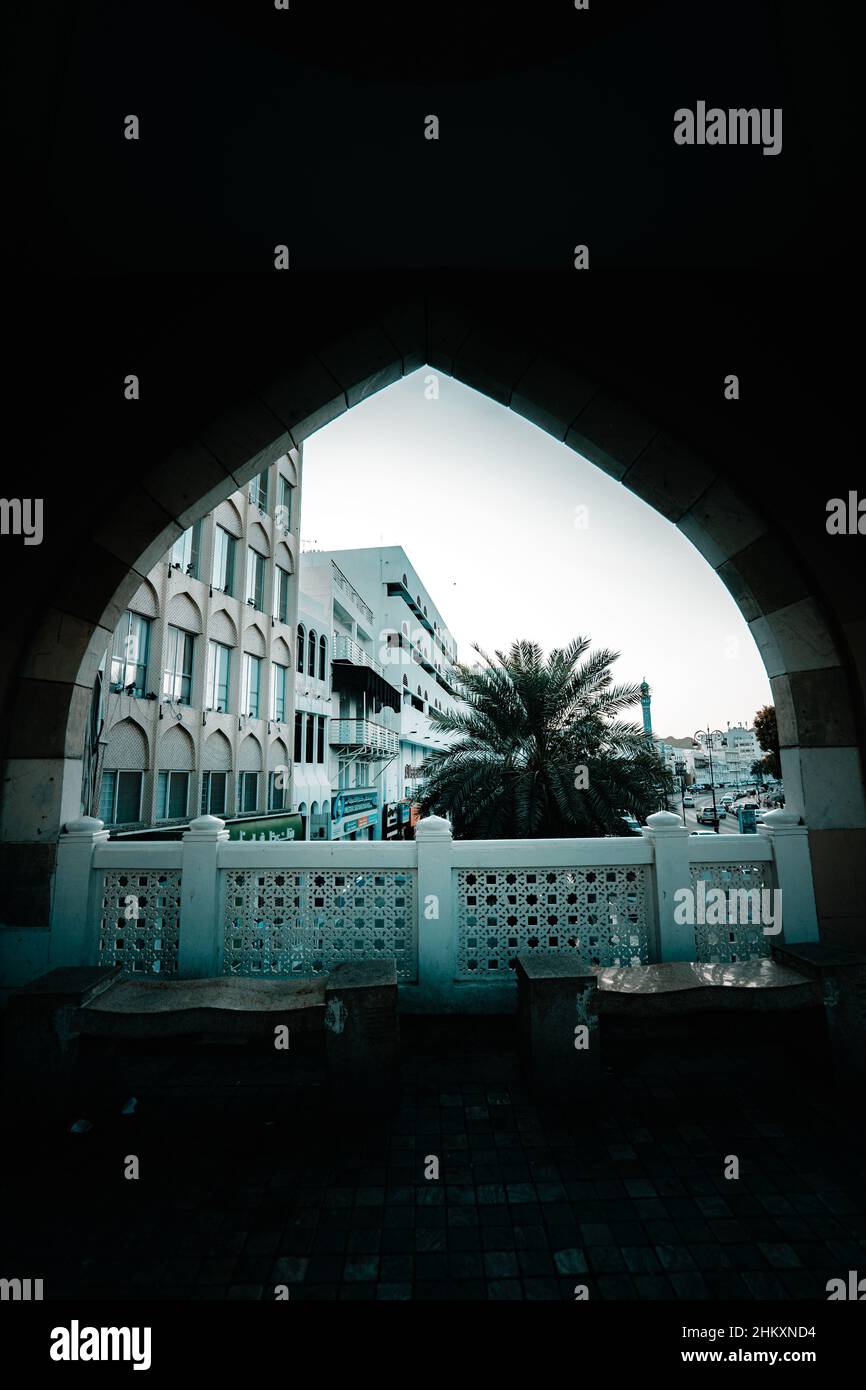 View through a traditional Omani fort courtyard in Oman Muscat Stock ...