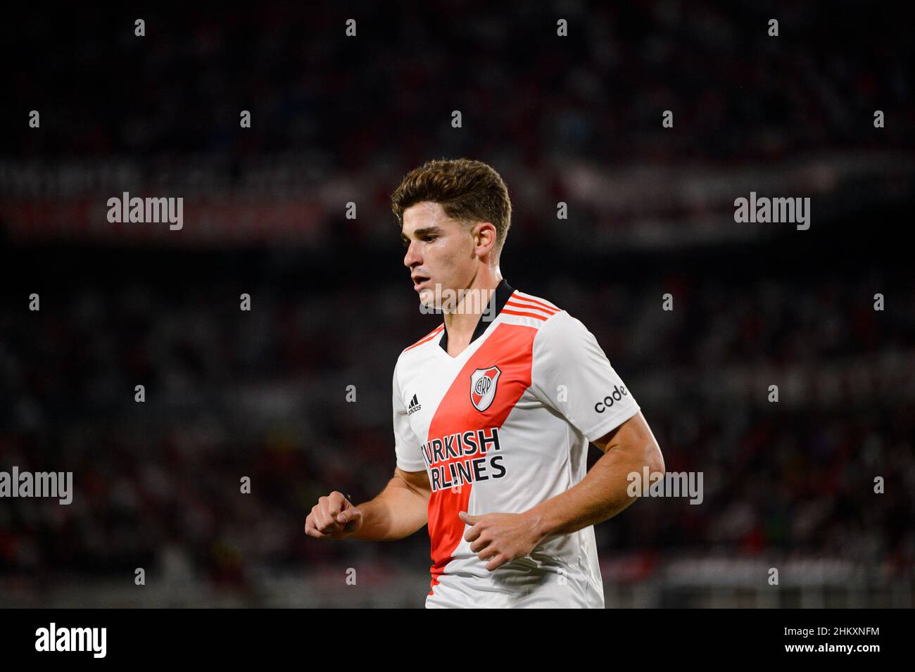 Julian Alvarez of River Plate in action during a friendly match between ...