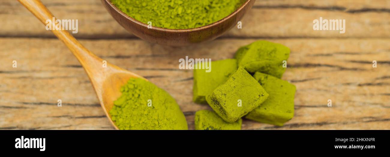 Matcha powder and candy made of matcha on wooden background. Homemade ...