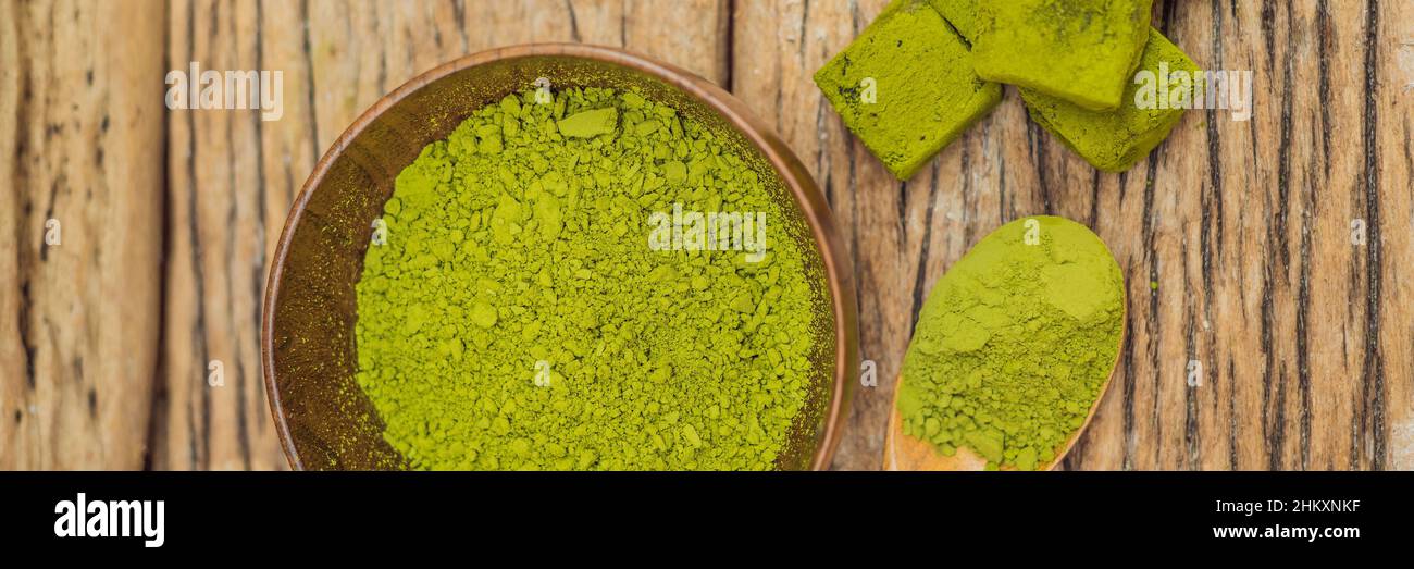 Matcha powder and candy made of matcha on wooden background. Homemade ...
