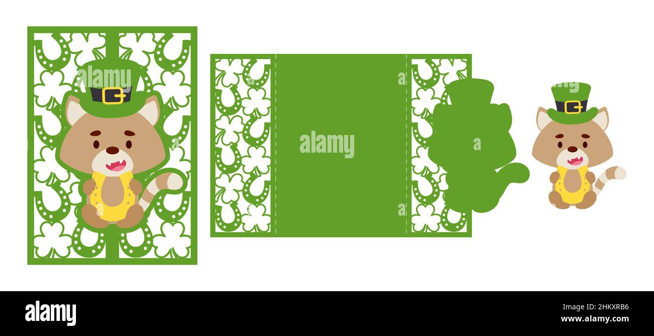 St. Patrick's Day cat laser cutting invitation card template. Paper cut ...