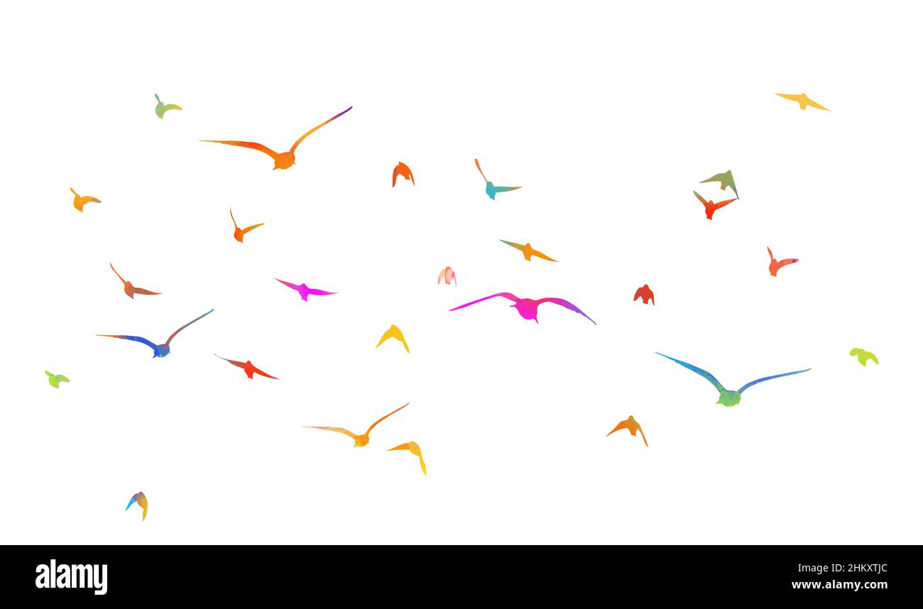 Multi-colored birds. A flock of flying rainbow birds. Vector ...