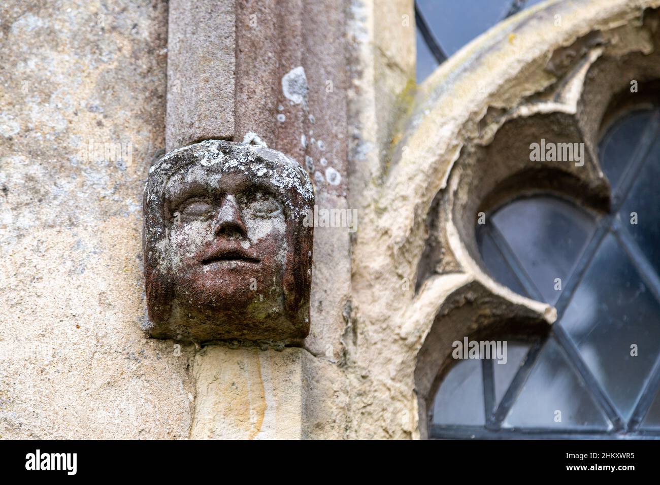 Weathered stone carved corbel head, Thrandeston church, Suffolk ...