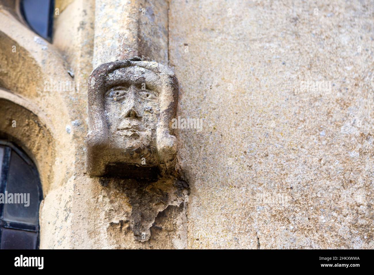 Weathered stone carved corbel head, Thrandeston church, Suffolk ...