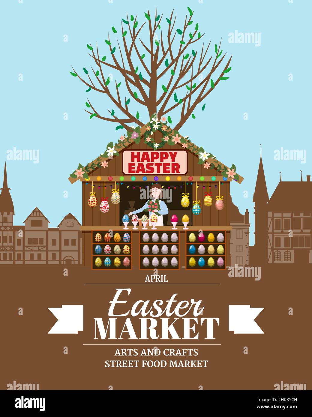 Easter Market poster, wooden stall decorated flowers, colored Easter ...
