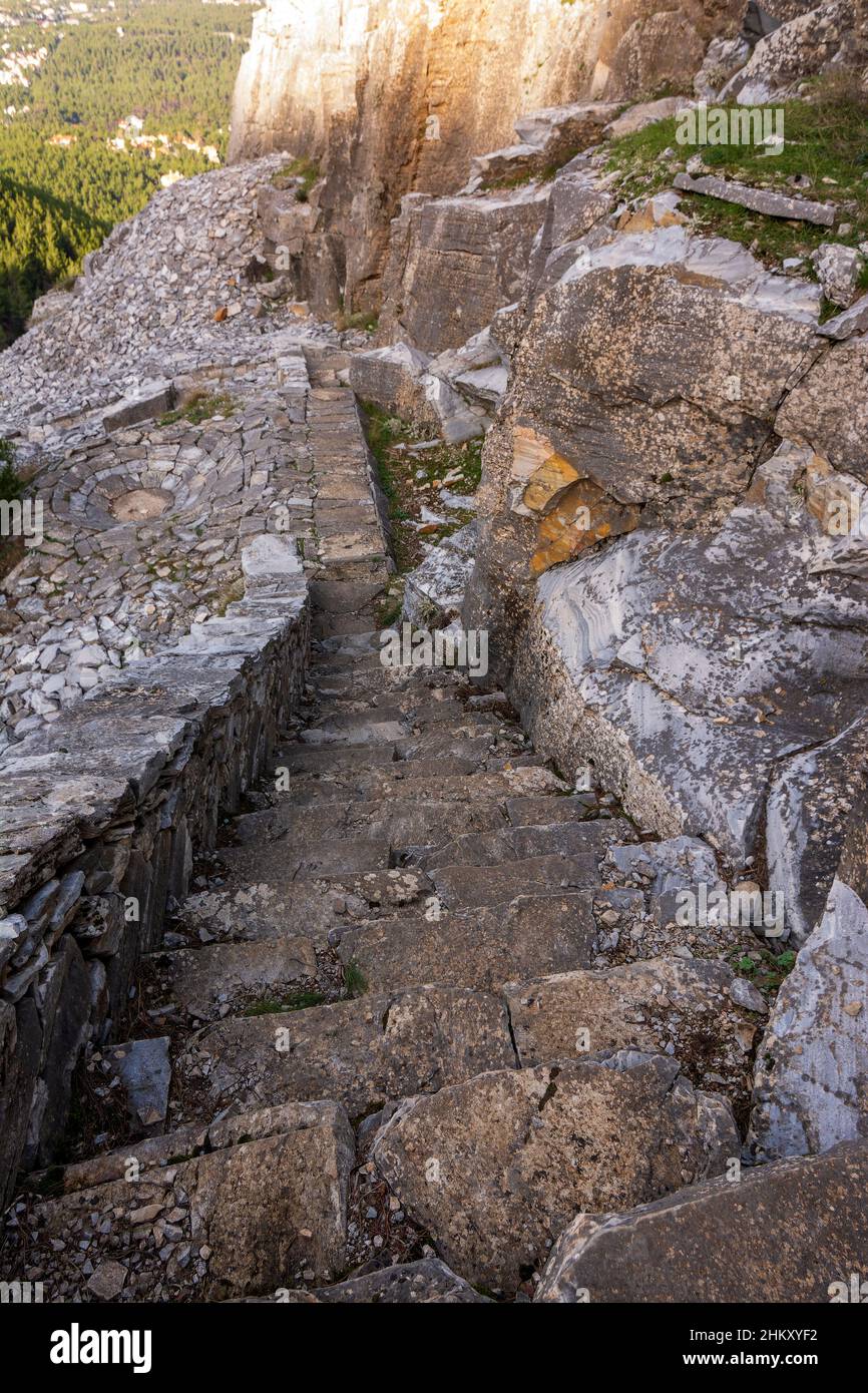 Part of the abandoned Penteli marble quarry in Attika, Greece. Penteli is a mountain, 18 km ...