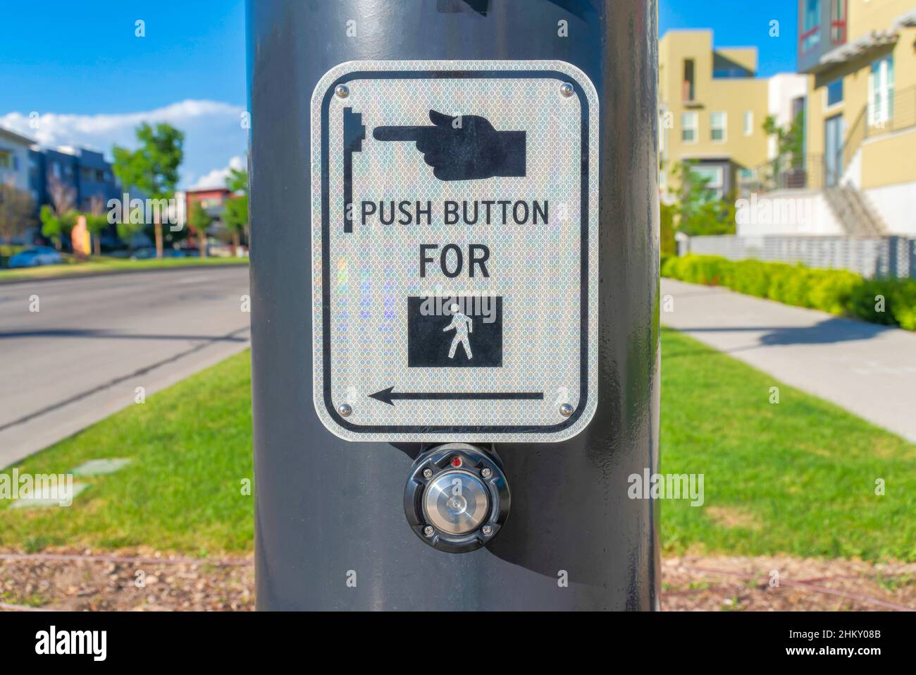 Pedestrian button on a black post at Daybreak in South Jordan, Utah ...