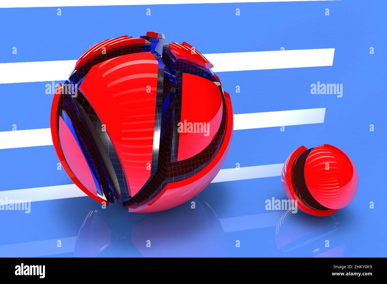 3D red futuristic spheres with a reflective surface on a blue ...