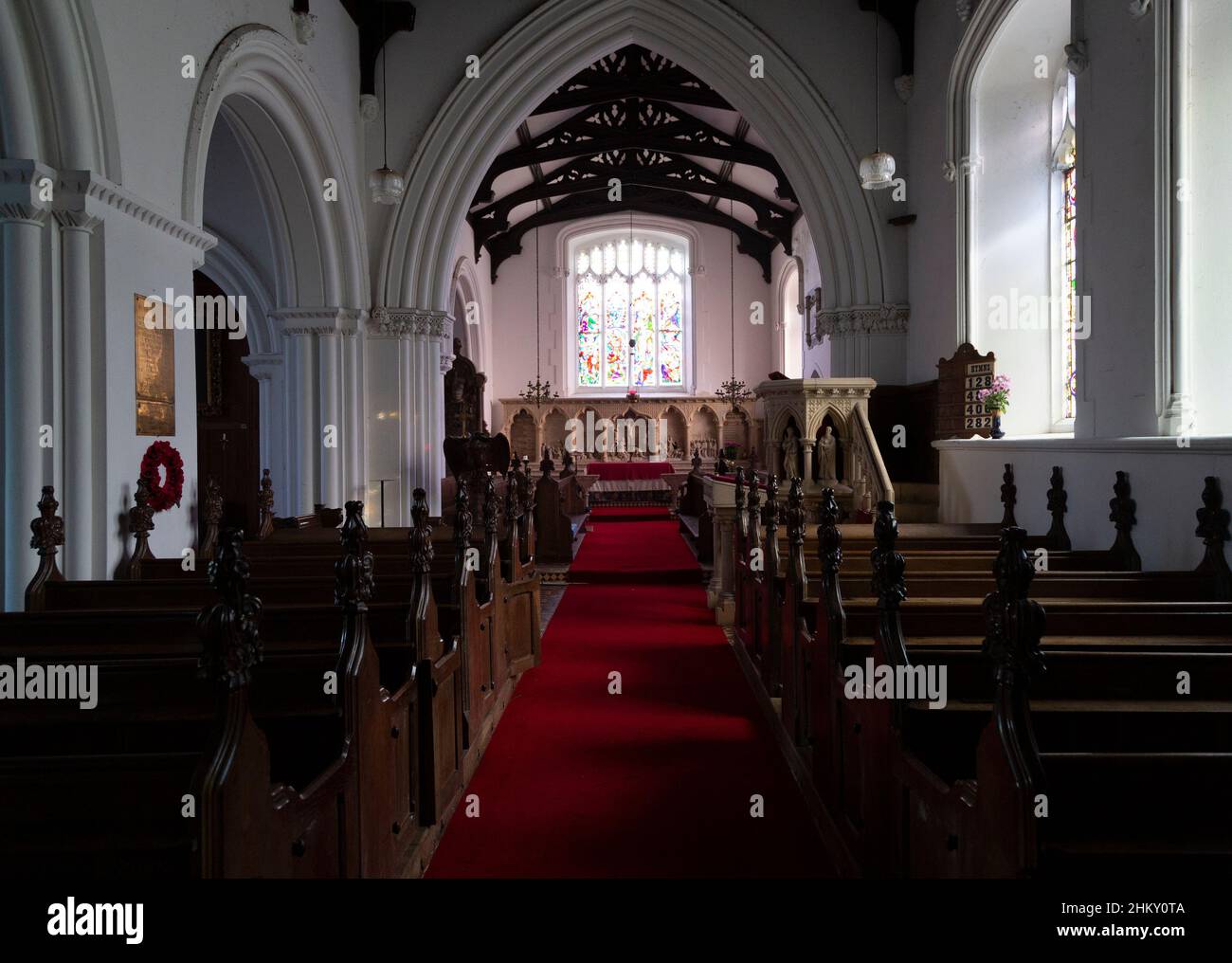 Interior from nave, chancel arch, altar and east window, Brome church ...