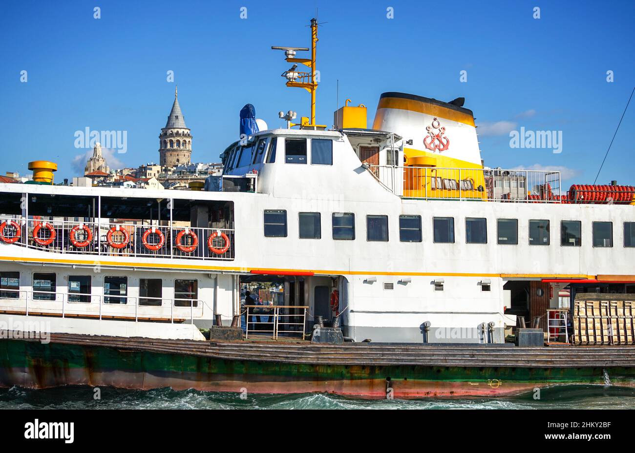 Close up view of traditional turkish old ferry boat with Istanbul ...
